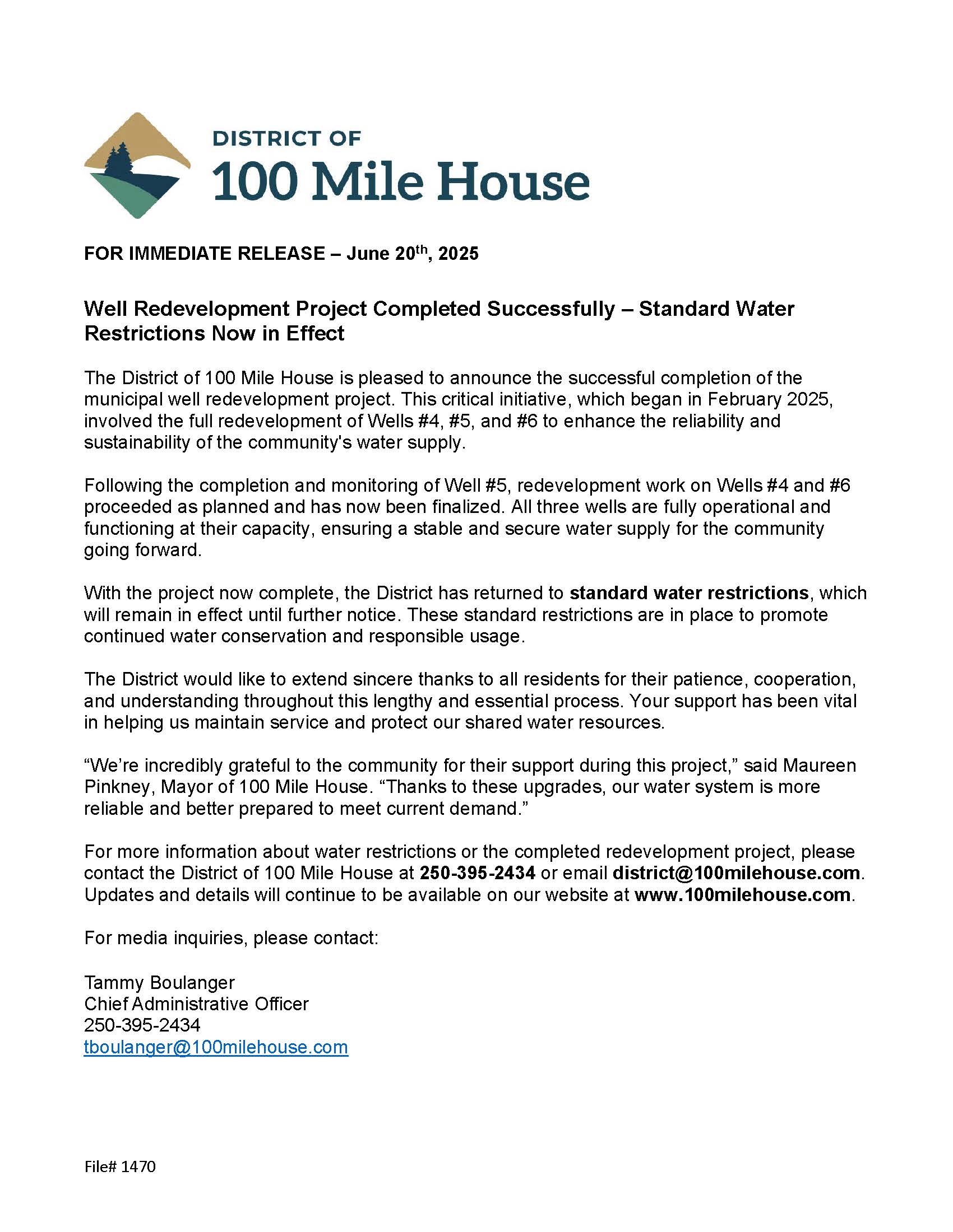 Well Redevelopment Completed | District of 100 Mile House